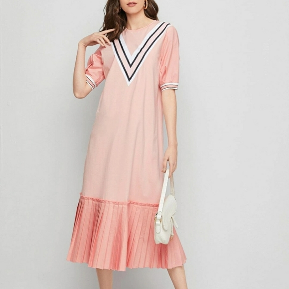 SHEIN | Dresses | Shein Puff Sleeve Pleated Hem Chevron Striped Dress ...